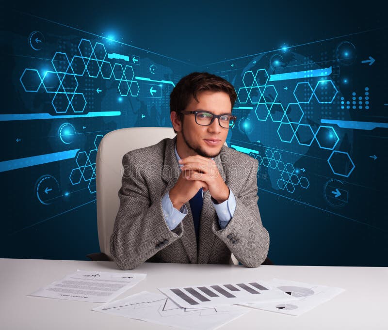 Businessman Doing Paperwork with Futuristic Backgroung Stock ...