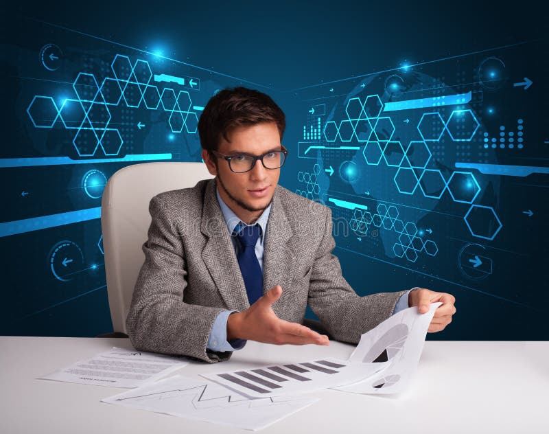 Businessman Doing Paperwork with Futuristic Backgroung Stock Photo ...