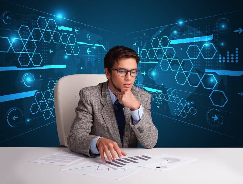 Businessman Doing Paperwork with Futuristic Backgroung Stock Image ...