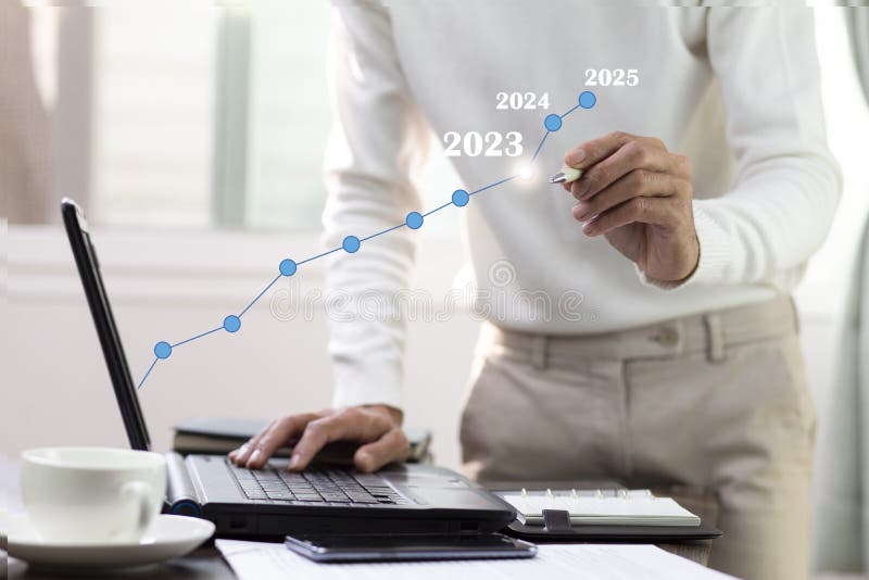 Businessman Draw Graph Growth in Year 2023,2024 and 2025 with Analyzing ...