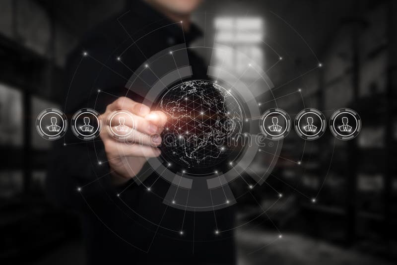 Businessman Draw on a Virtual Computer Screen a Global System Stock ...