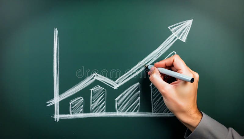 Businessman Drawing Growth Graph on Chalkboard with Upward Arrow Stock ...