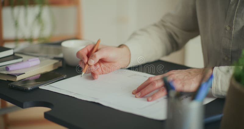 Businessman Drawing Layout on Paper at Desk in Office Stock Video ...
