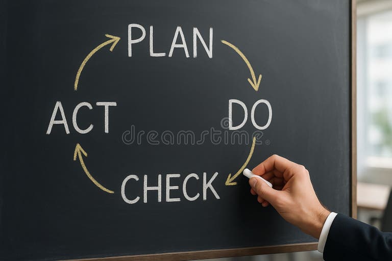 Businessman Drawing the PDCA Cycle on a Blackboard Using Chalk in a ...