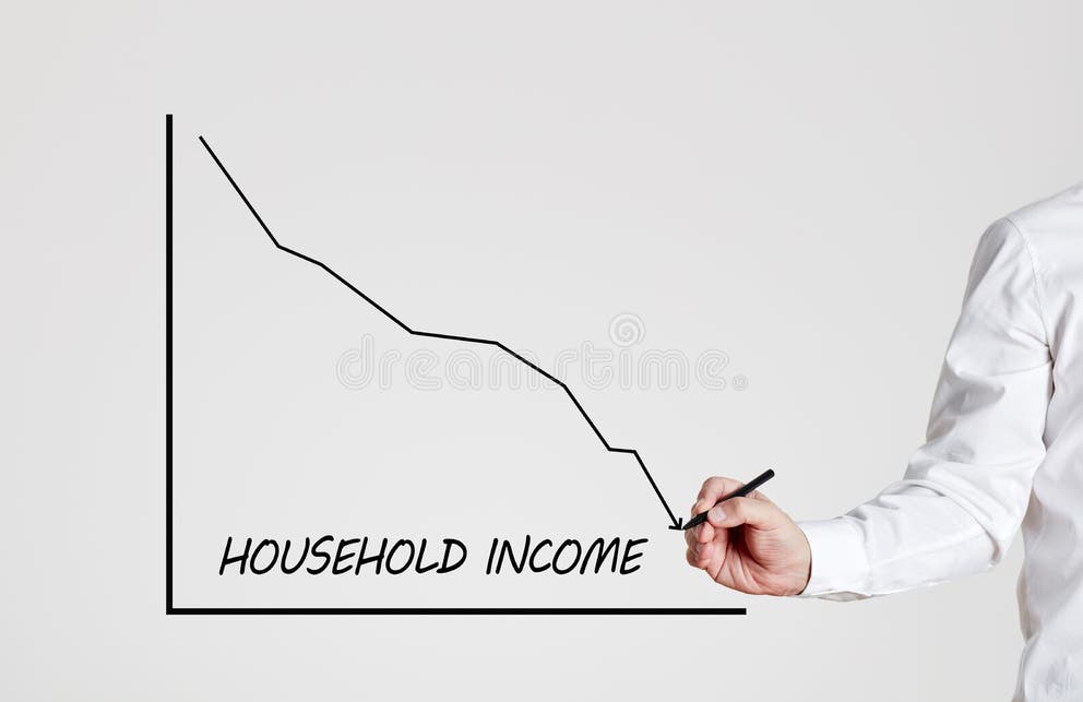 Businessman Draws a Declining Line Graph with the Word Household Income ...