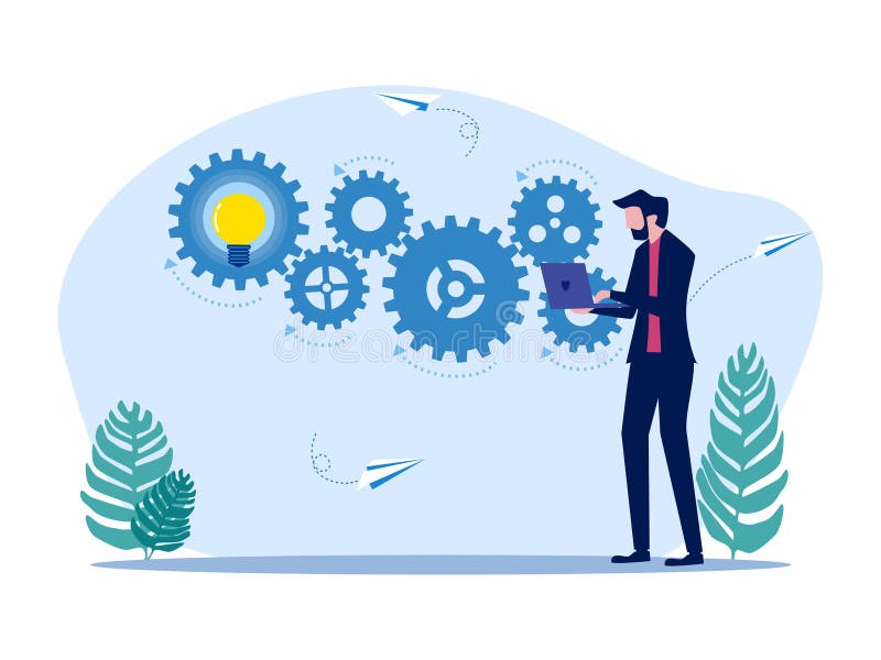 Businessman Driving Mechanical Gear with Laptop. Implementation of the ...