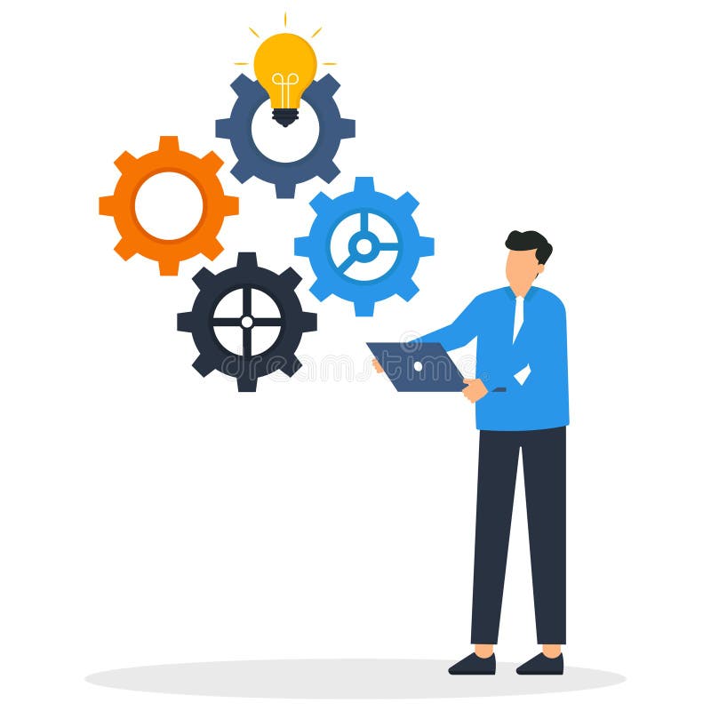 Businessman Driving Mechanical Gear with Laptop. Implementation of the ...