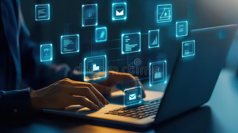 Businessman Efficiently Manages Digital Documents at Night, Promoting a ...