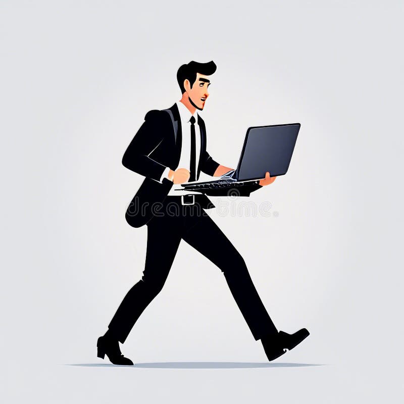 Businessman or Employee Holding a Laptop is Running. Stock Illustration ...