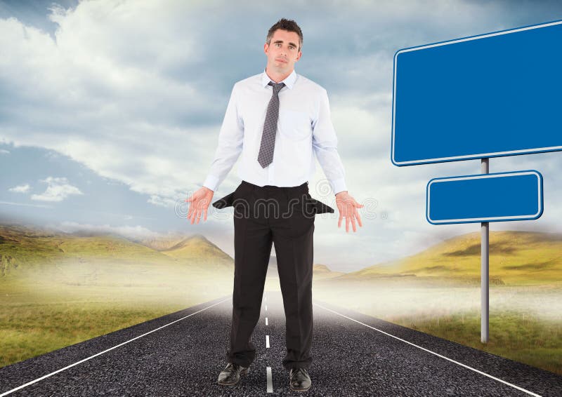 Businessman with Empty Pockets Standing on Road by Blank Signs Stock ...