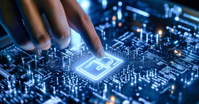 A Businessman Engages with a Digital Lock Icon on a Glowing Circuit ...
