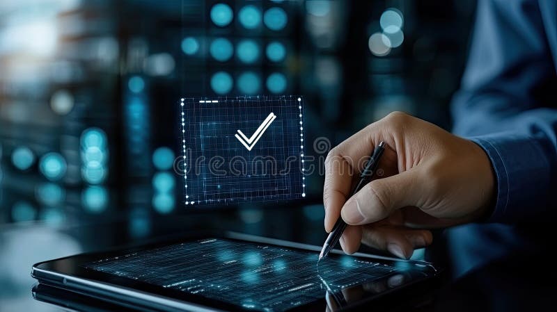 Businessman Engages with a Digital Tablet Displaying a Check Mark Icon ...