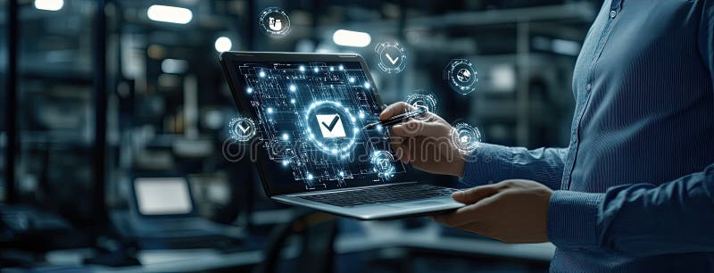 Businessman Engages with a Digital Tablet Displaying a Check Mark Icon ...