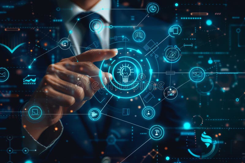 Businessman Engages with Global Data Transfer Concept on Virtual Screen ...