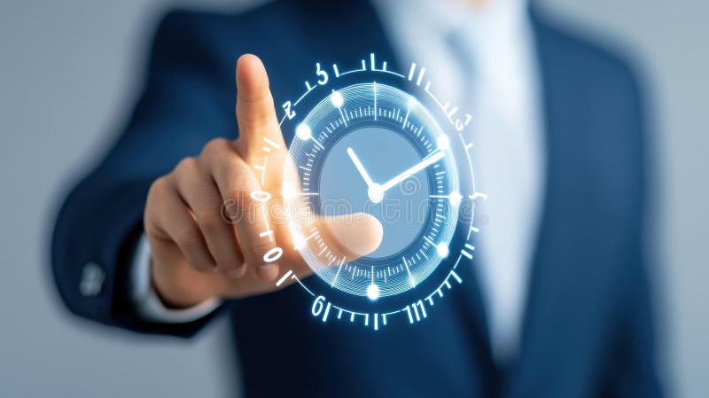 A Businessman Engages with a Virtual Time Management Icon, Enhancing ... A Businessman Engages with a Virtual Time Management Icon, Enhancing ...