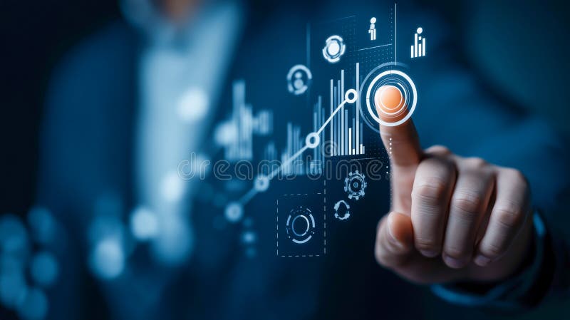 Businessman Engages with Visual Data on Screen in a Modern Office Stock ...