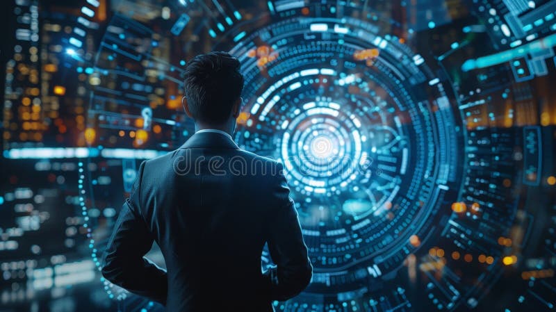 Businessman Engaging with Advanced AI Interface Stock Illustration ...