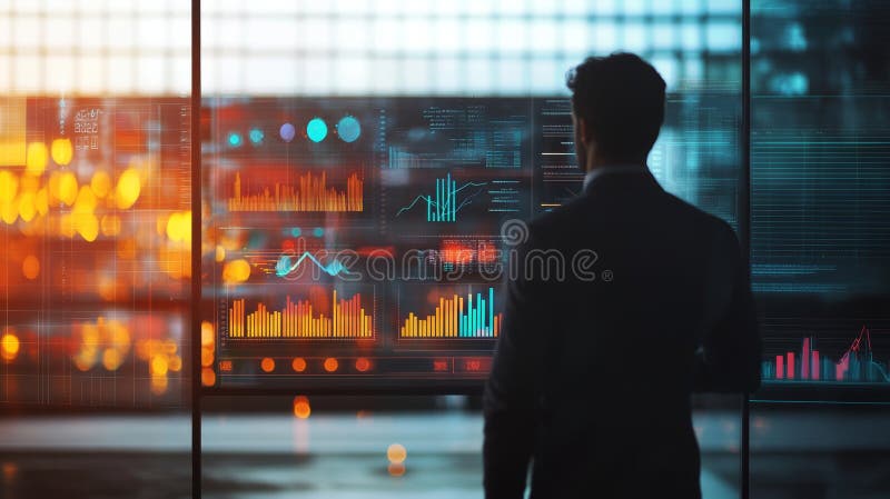Businessman Engaging with Digital Data Interface on Glass Wall in ...