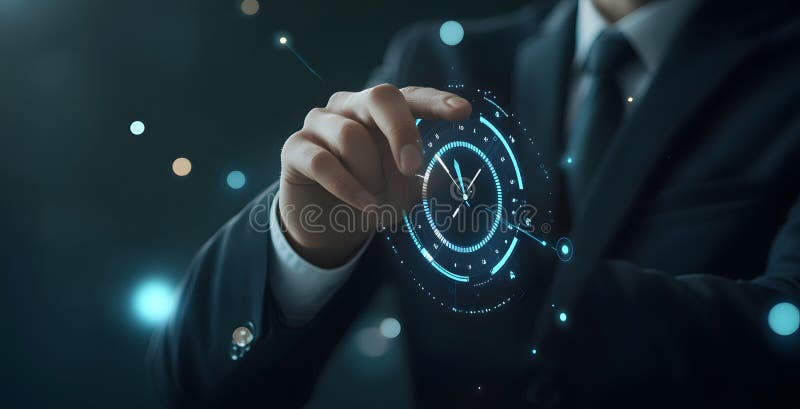 Businessman Engaging with Futuristic Digital Interface Showing Clock and Data Projections Stock ...