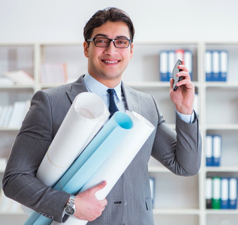 Businessman Engineer Draftsman with Blueprints Drawings Stock Image ...