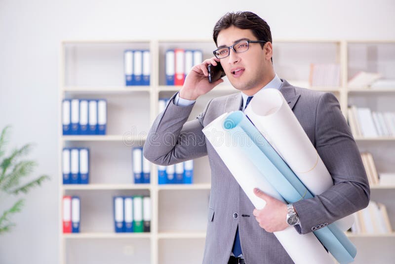 Businessman Engineer Draftsman with Blueprints Drawings Stock Image ...