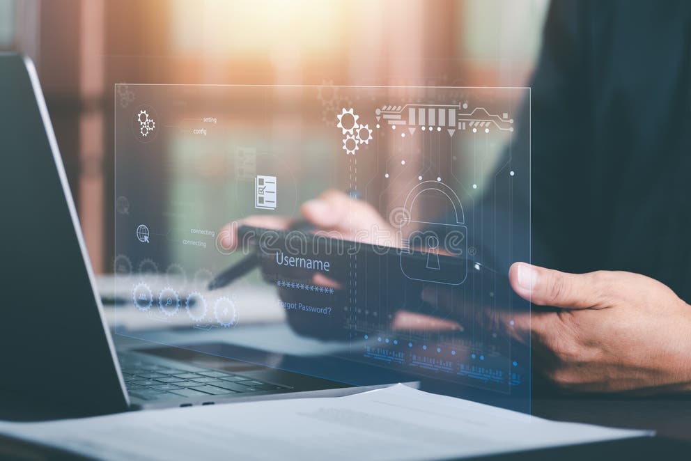 Businessman Entering Document Management System and Data Files,through ...