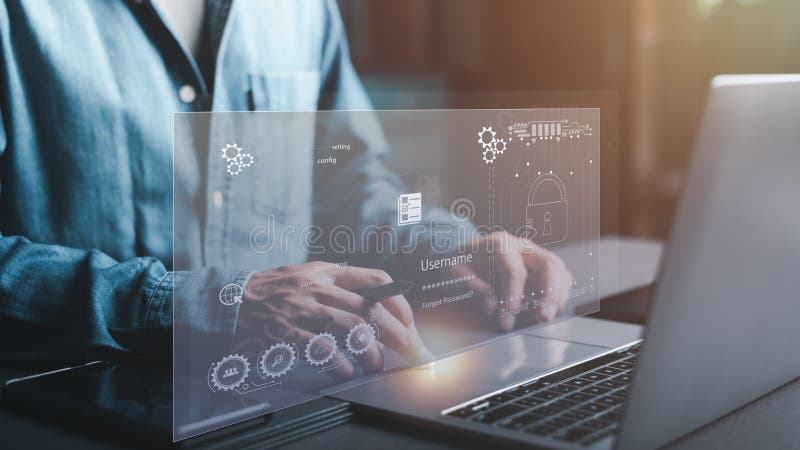 Businessman Entering Document Management System and Data Files,through ...