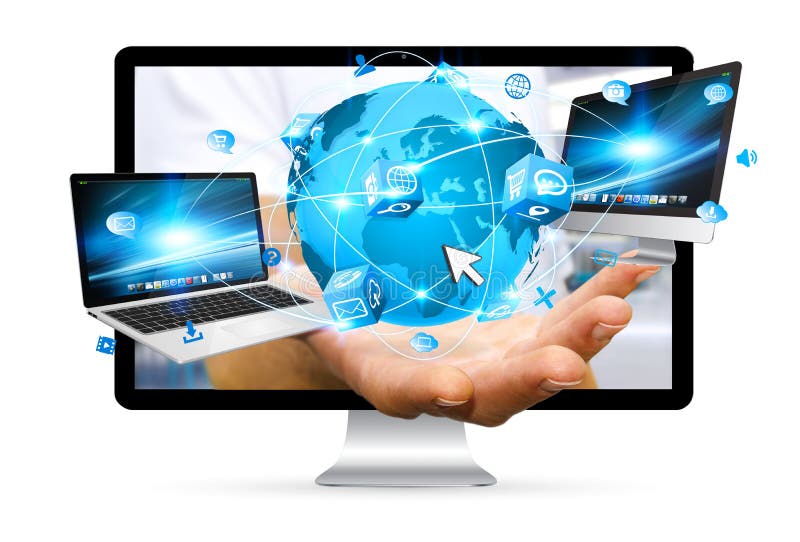 Businessman Escaping from Computer Holding Tech Device in His Ha Stock ...