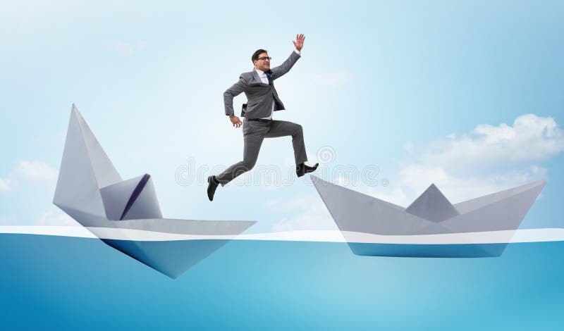Businessman Escaping Sunken Paper Boat Ship Stock Photo - Image of boss ...