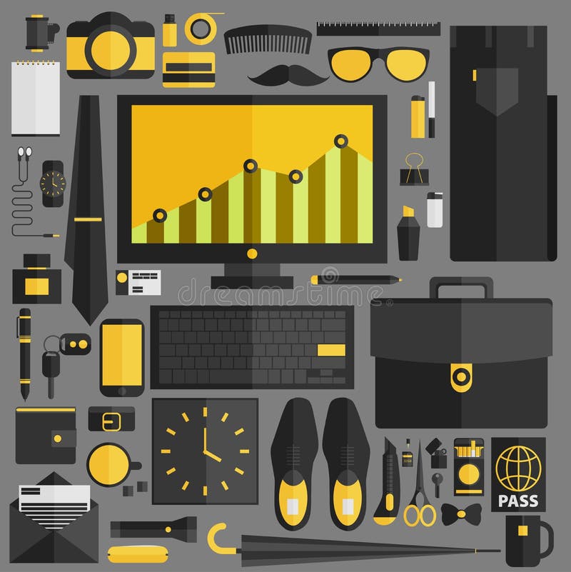 Businessman Essentials. Office Workflow Equipment with Various O Stock ...