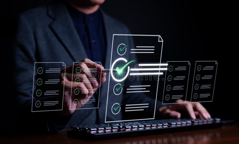 Businessman Evaluating with Checkboxes on Online Computer. Assessment ...