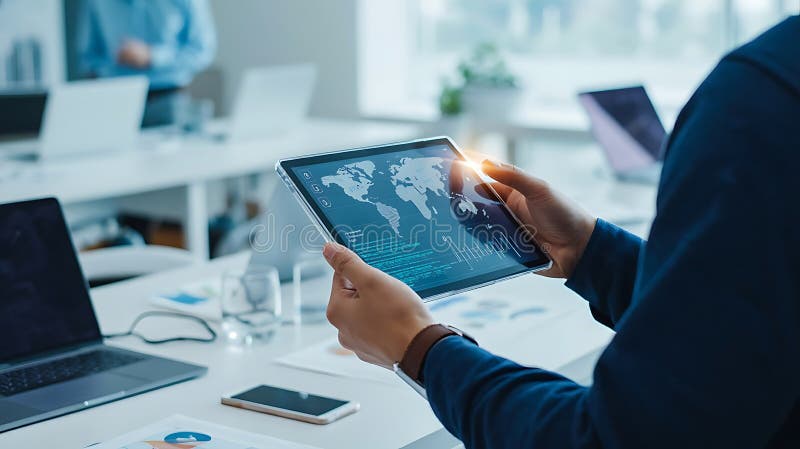 Businessman Examining Data on Tablet in Modern Office with Global Map ...