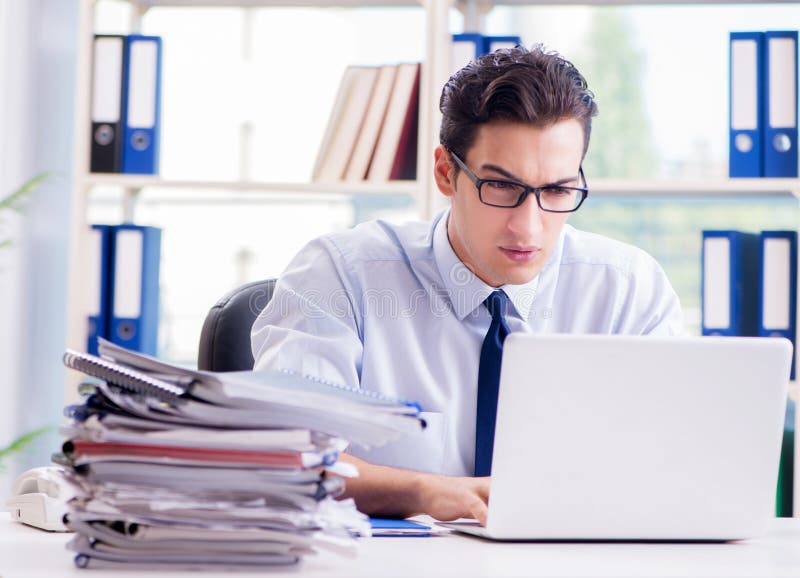 Businessman with Excessive Work Paperwork Working in Office Stock Image ...