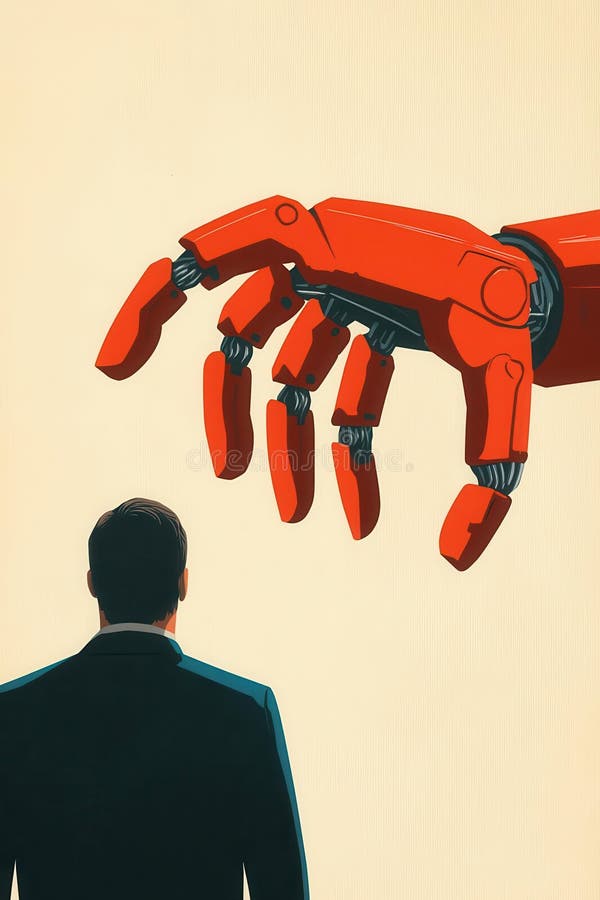 A Businessman Faces a Giant Red Robotic Hand, Symbolizing the Impact of ...
