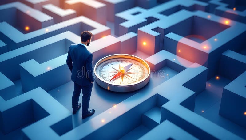 Businessman Facing Maze with Compass Navigation Guide Stock ...