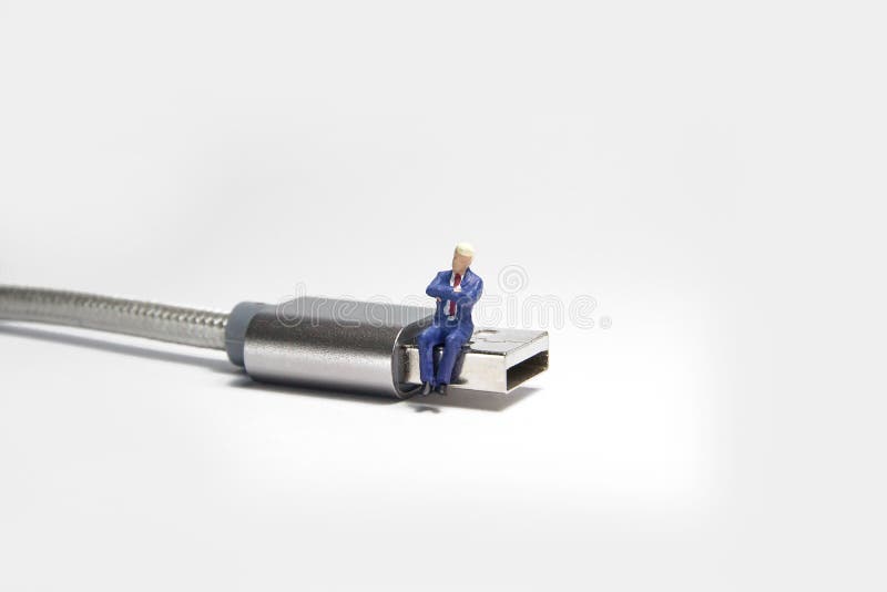 Businessman Figure Sitting on Usb USB Cable. E Commerce Concept Stock ...
