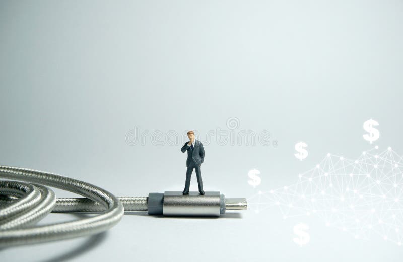 Businessman Figure Standing on Usb USB Type C Cable. E Commerce Concept ...