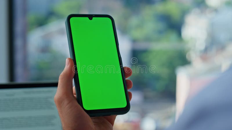 Businessman Finger Tapping Chroma Key Cellphone Browsing at Workplace ...