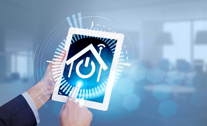 Businessman Finger Touch Tablet with Smart Home, System Control Stock ...