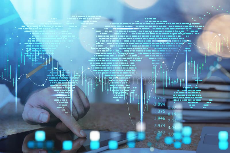 Businessman Finger Touch Tablet, World Map and Graph Changes Stock ...