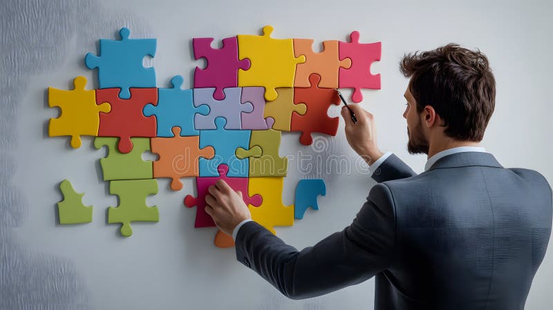 A Businessman Fitting Colorful Puzzle Pieces on a Wall, Symbolizing ...