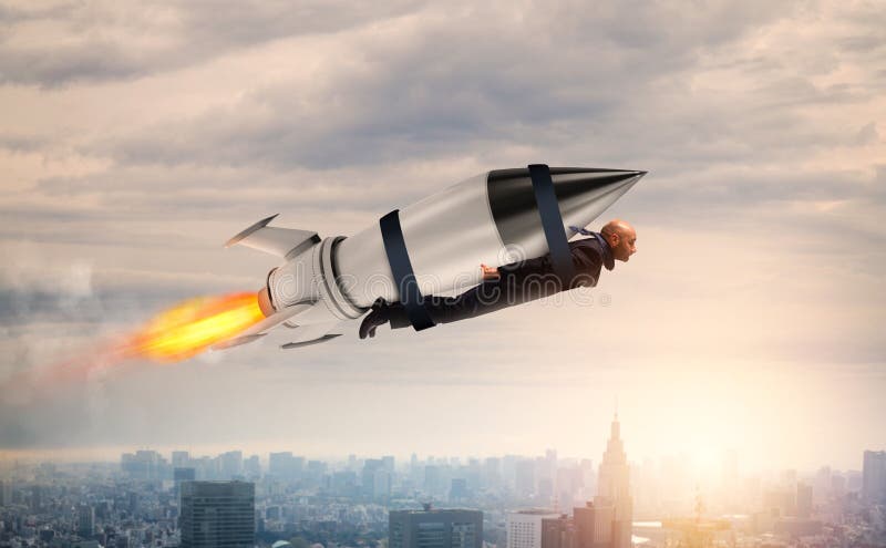 Businessman Flies with a Fast Rocket. Concept of Ambition and ...