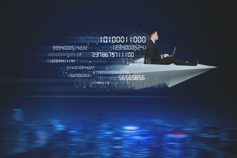 Businessman Flies with Paper Plane and Binary Code Stock Illustration ...