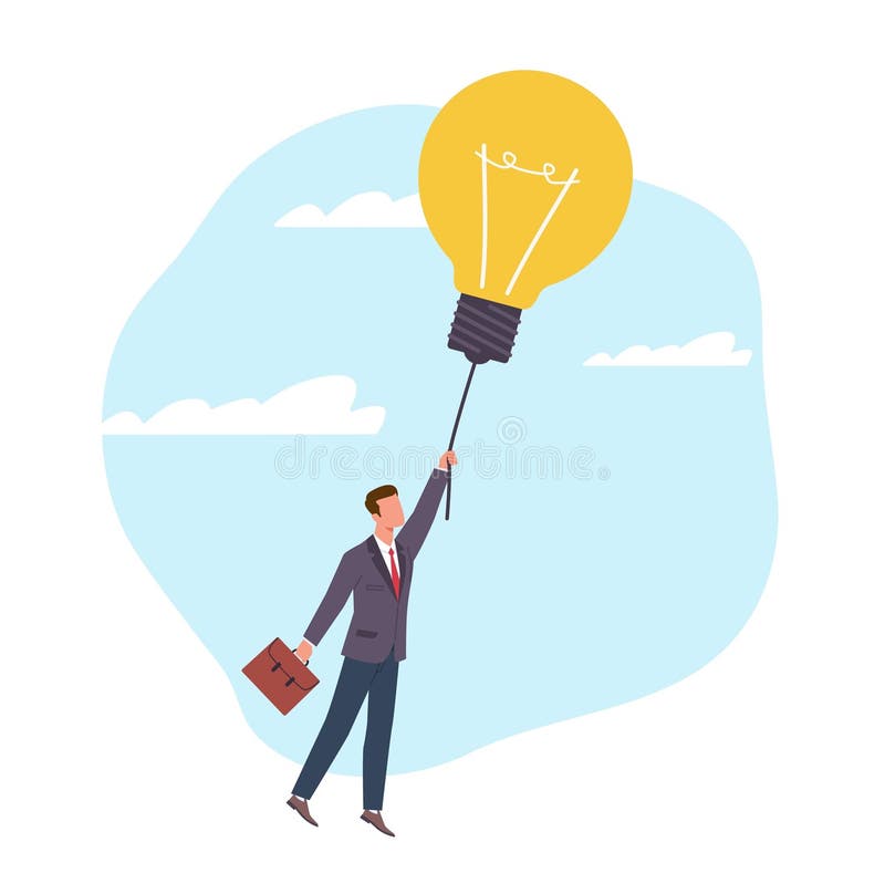 Businessman Flies Up and Holds Light Bulb by String. New Project or ...