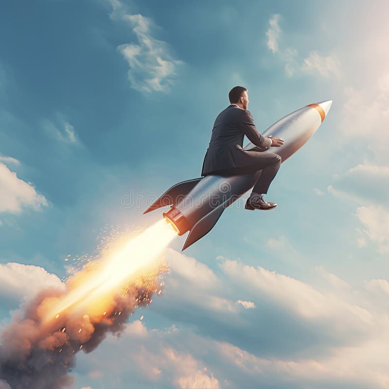Businessman Fly High with a Rocket. Concept of Success and Startup ...