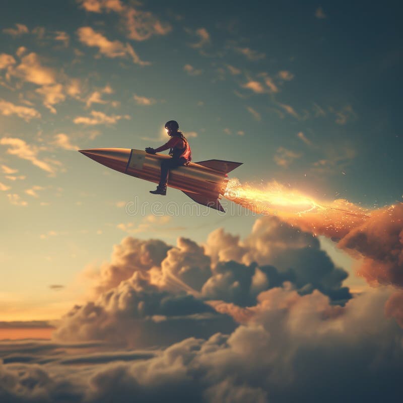 Businessman Fly High with a Rocket. Concept of Success and Startup ...