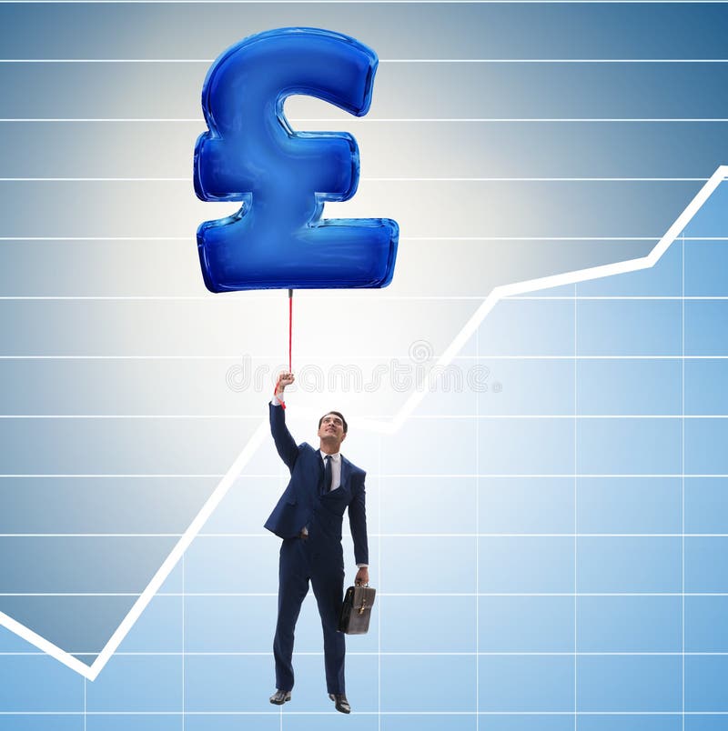 Businessman Flying on British Pound Sign Inflatable Balloon Stock Photo ...