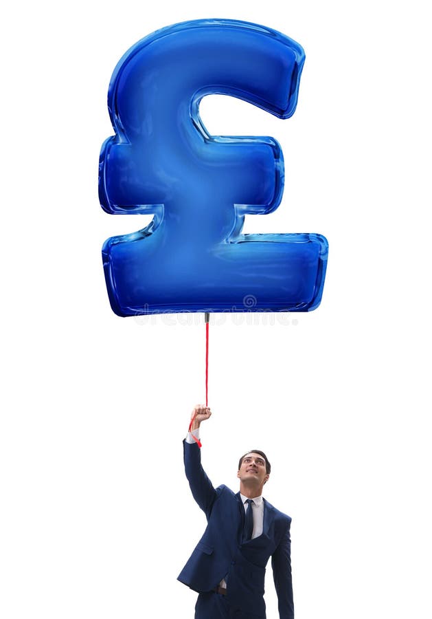 Businessman Flying on British Pound Sign Inflatable Balloon Stock Photo ...