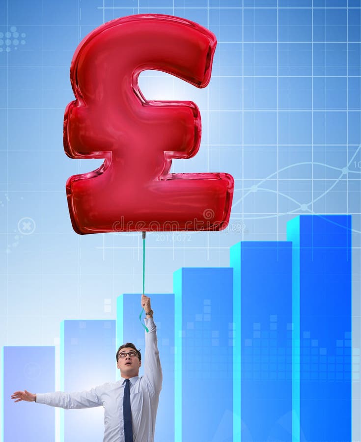 Businessman Flying on British Pound Sign Inflatable Balloon Stock Photo ...