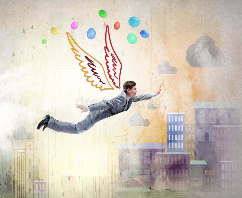 Businessman flying high stock image. Image of drawn, fairy - 63704837